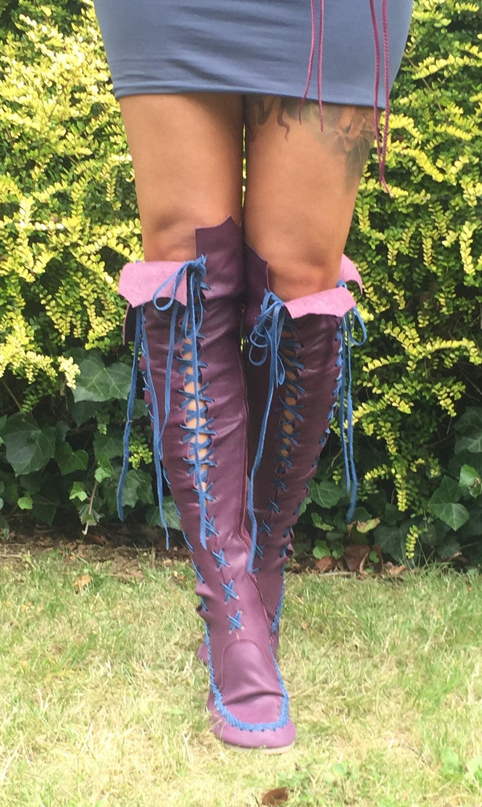 Leather Boots – Plum Knee High Boots With Navy Laces | Gipsy Dharma