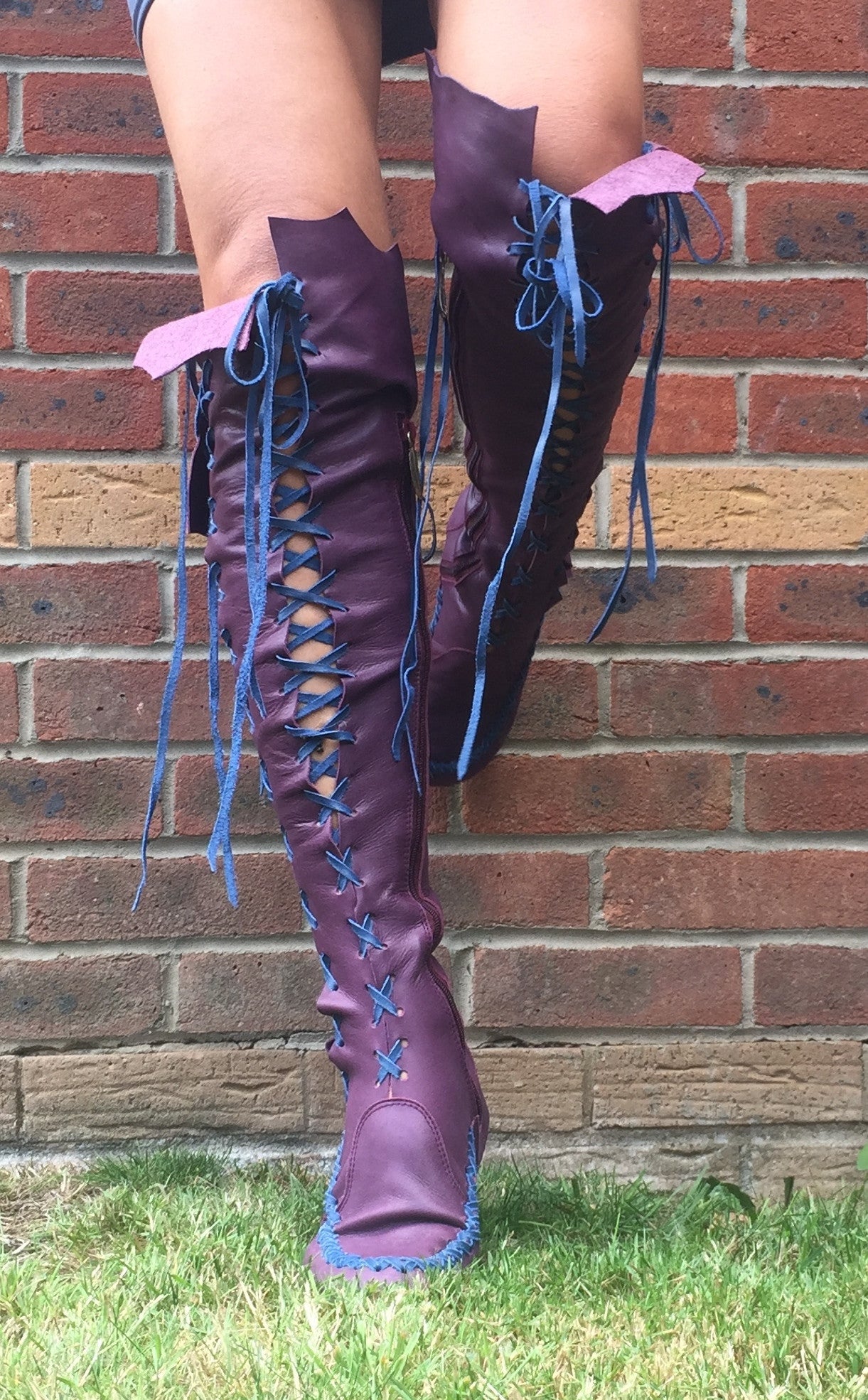 Leather Boots – Plum Knee High Boots With Navy Laces | Gipsy Dharma