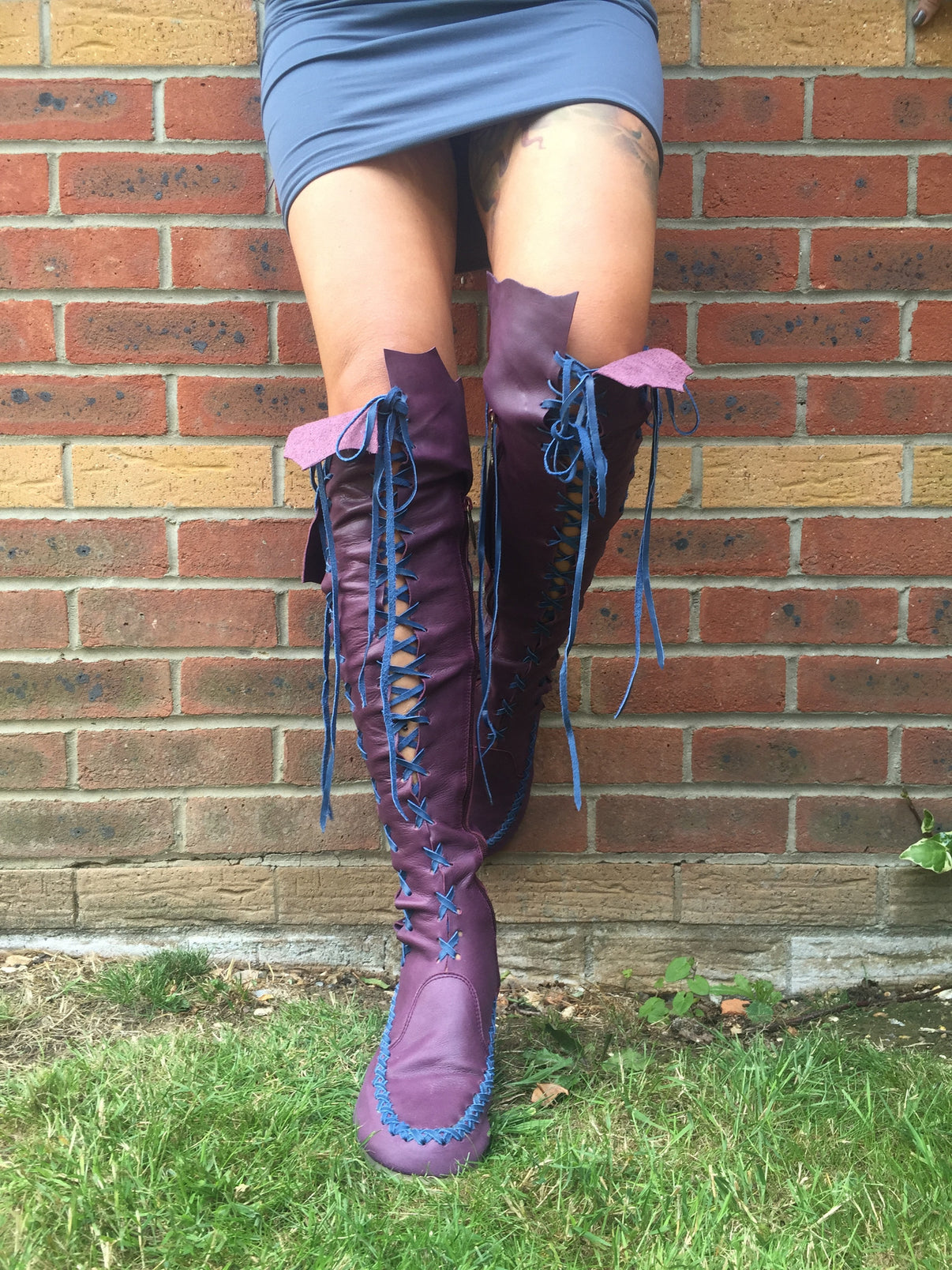 Leather Boots – Plum Knee High Boots With Navy Laces | Gipsy Dharma
